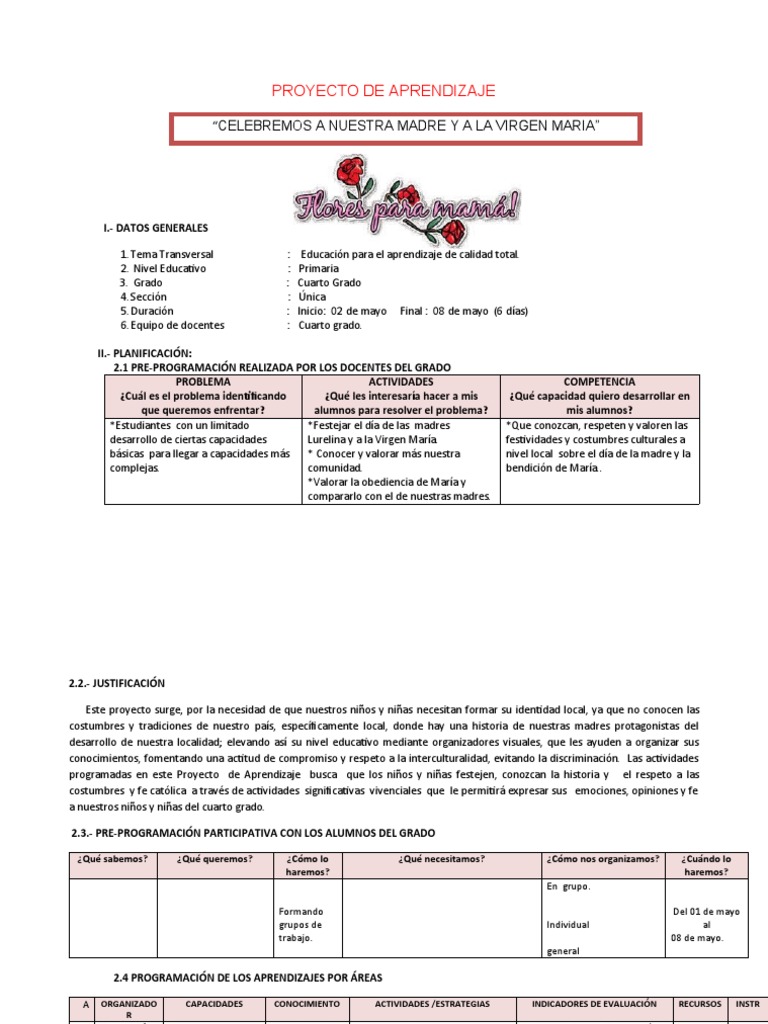 Proyecto-De Aprendizaje Día de La Madre | PDF | Evaluación | Comunicación