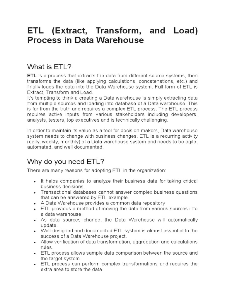 ETL (Extract, Transform, and Load) Process in Data Warehouse | PDF ...