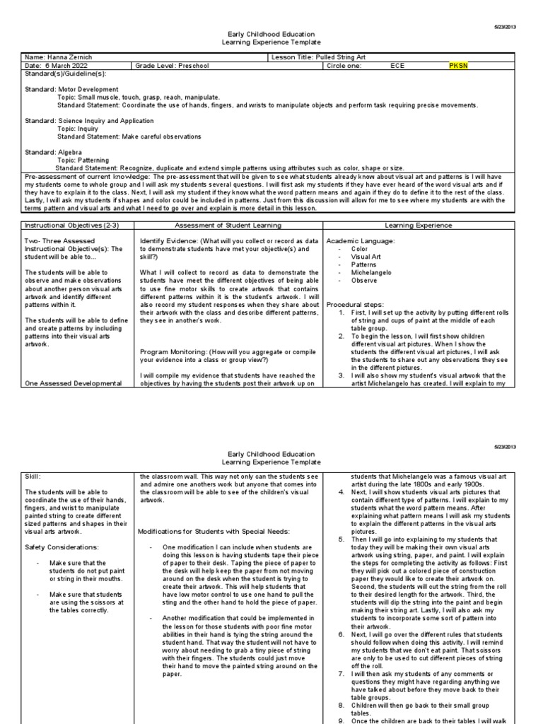 Visual Arts Lesson Plan | PDF | Early Childhood Education | Education ...