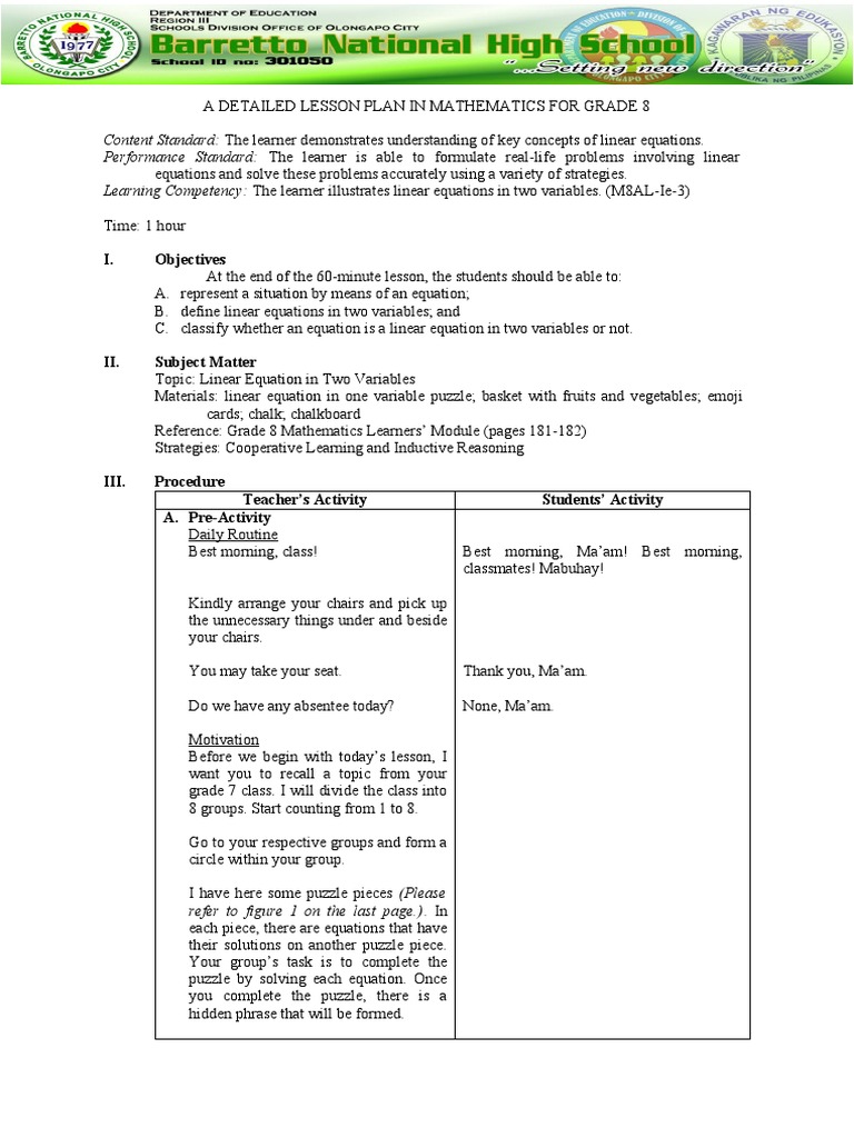 A Detailed Lesson Plan in Mathematics For Grade 8 Linear Equations in ...