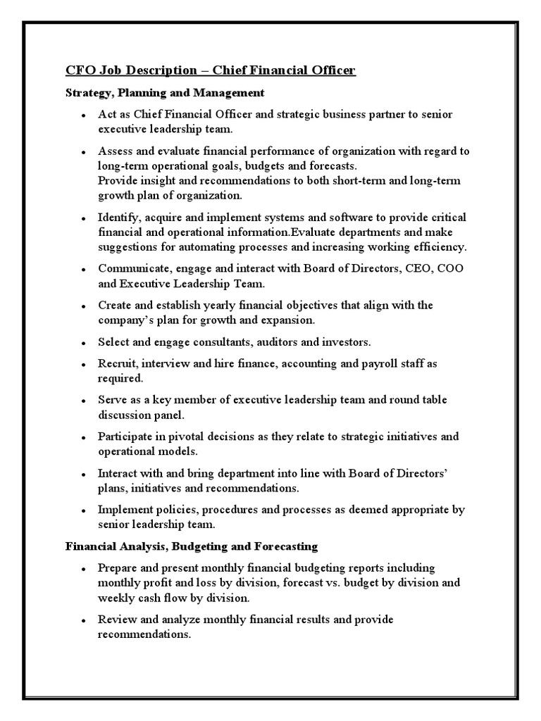 CFO Job Description - Chief Financial Officer: Strategy, Planning and ...