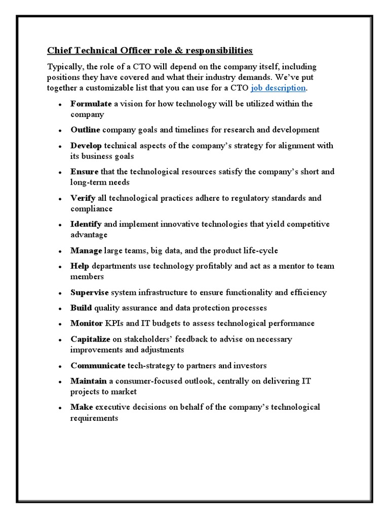 Chief Technical Officer Role and Responsibilities | PDF | Product ...