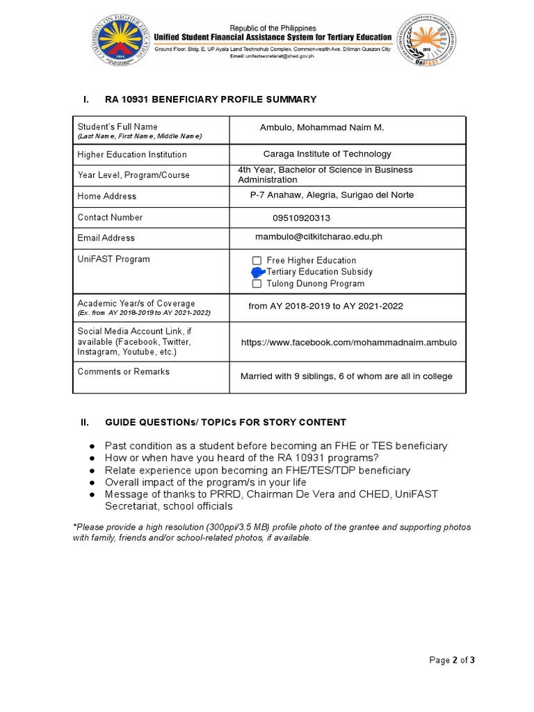 I. Ra 10931 Beneficiary Profile Summary: (Last Name, First Name, Middle Name) | PDF | Public ...
