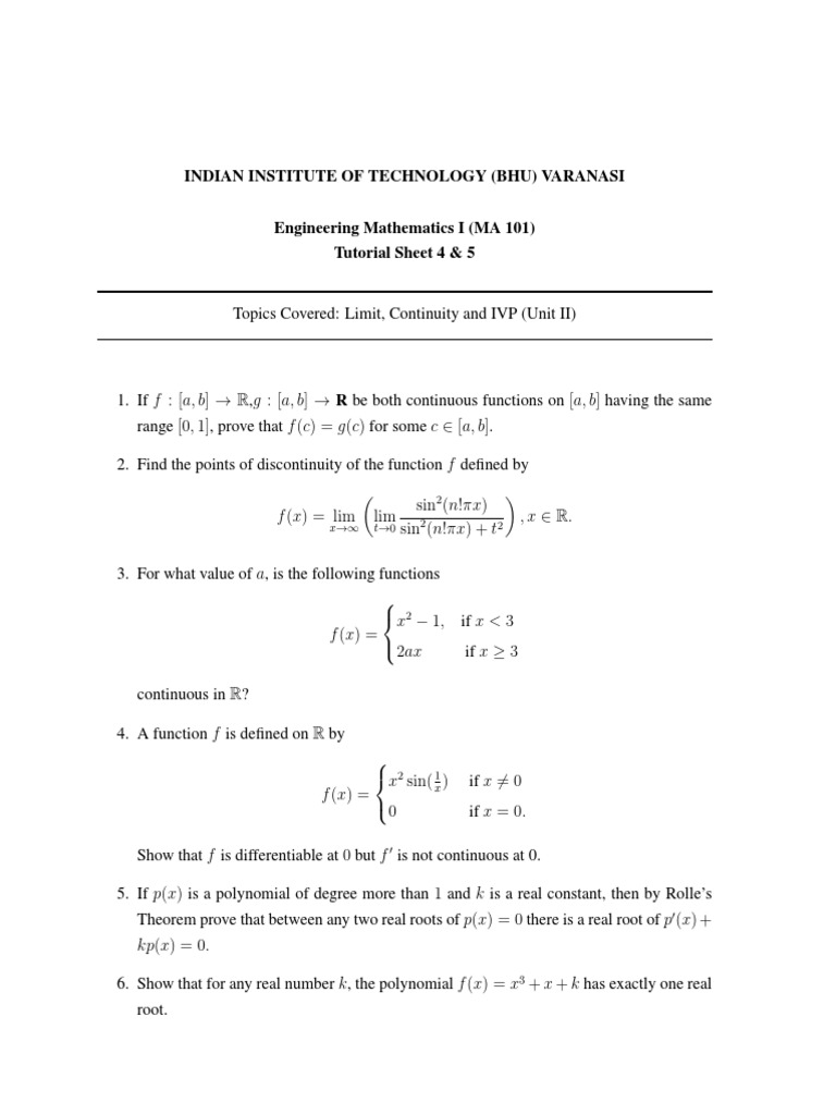 Tutorial Sheet 4 And 5 Pdf Continuous Function Function Mathematics