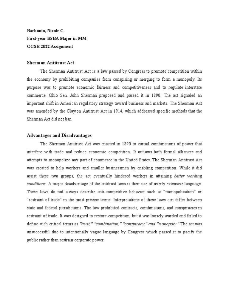 Sherman Antitrust Act: Barbonio, Nicole C. First-Year BSBA Major in MM ...