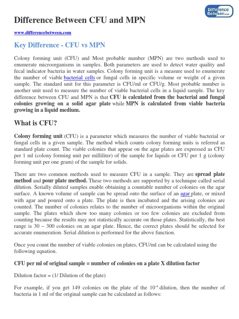Difference Between CFU and MPN | PDF | Colony Forming Unit | Microbiology