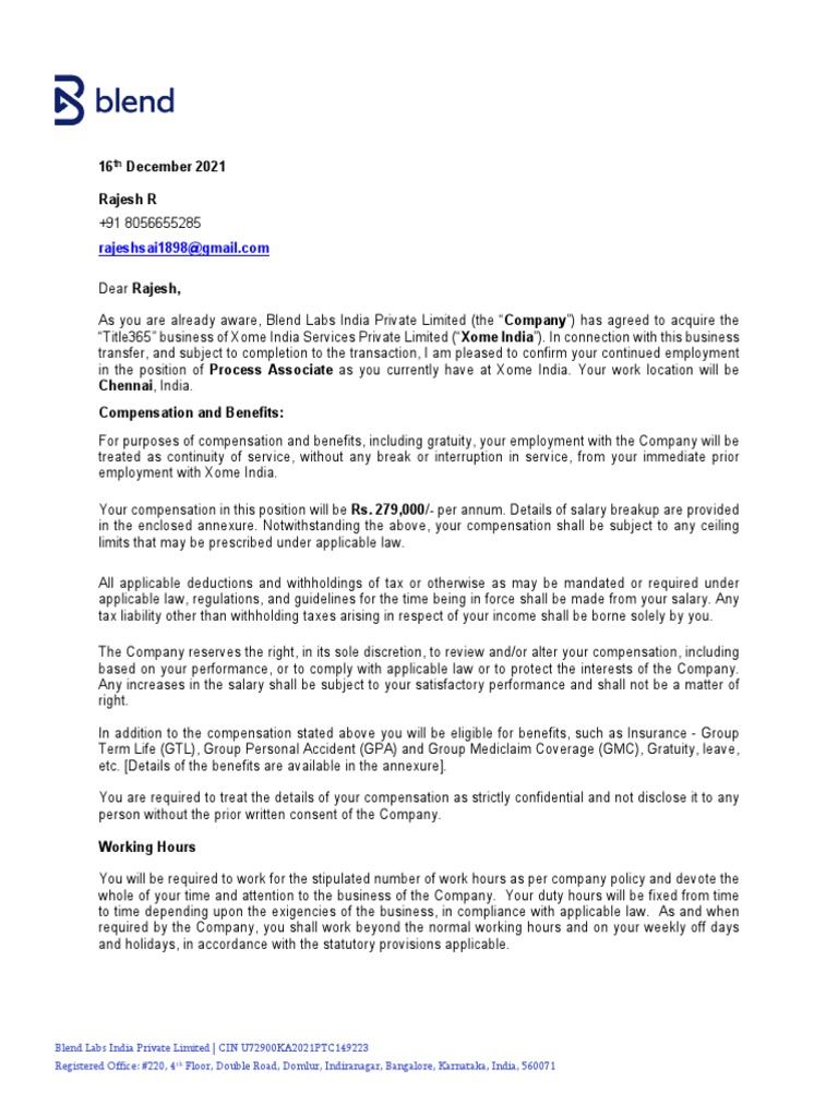 Continuity of Employment: Formal Letter Confirming Transfer of ...