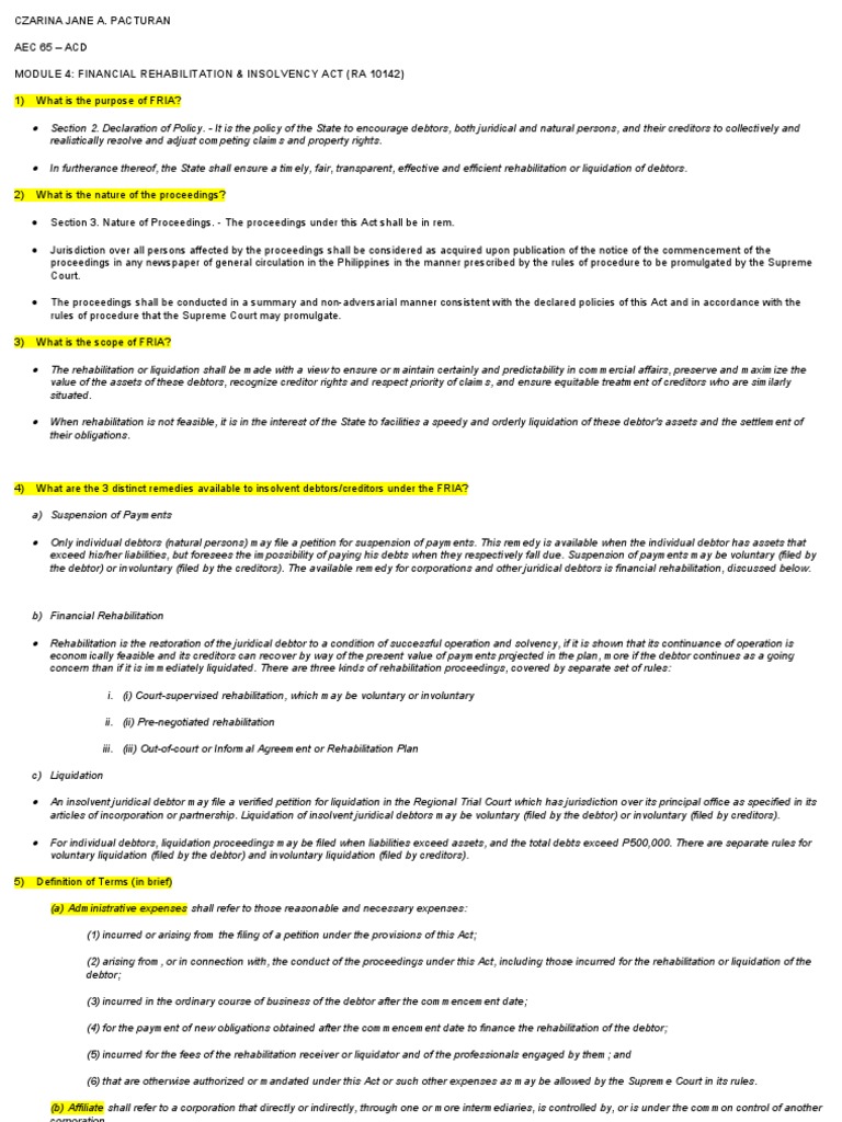 Module 4: Financial Rehabilitation & Insolvency Act (Ra 10142) | PDF ...