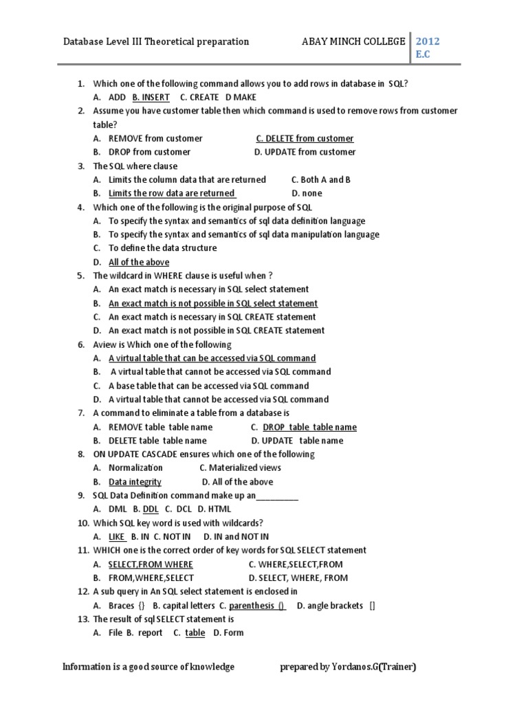 Database L3 Theory Preparation Pdf Databases Sql