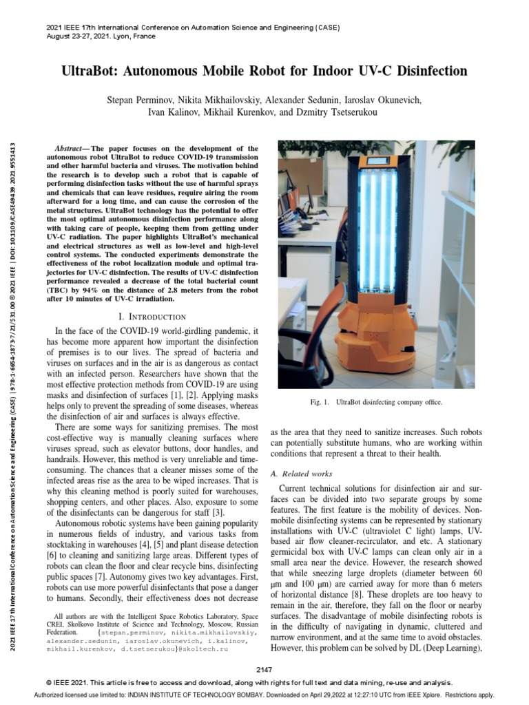 UltraBot Autonomous Mobile Robot For Indoor UV-C Disinfection | PDF | Ultraviolet | Robot