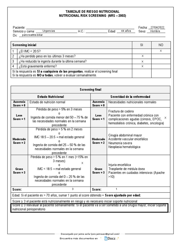 Tamizaje Nrs 2002 Formato | PDF | Medicina CLINICA | Enfermedades y ...