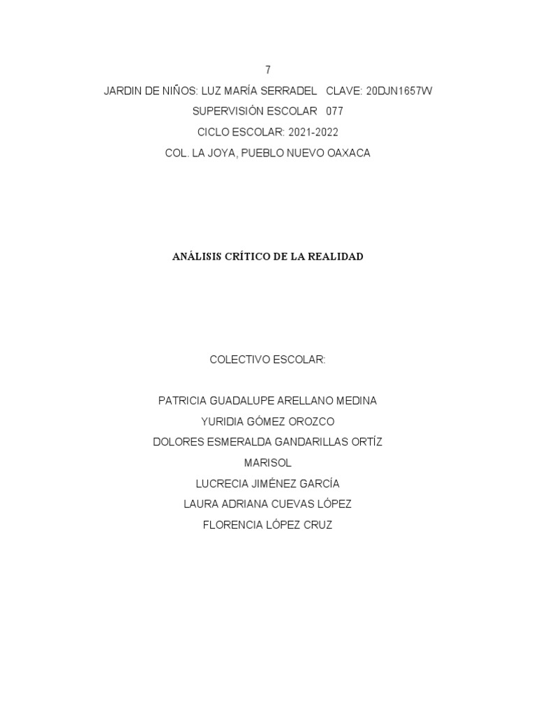 Análisis Critico De La Realidad Pdf Educación De La Primera