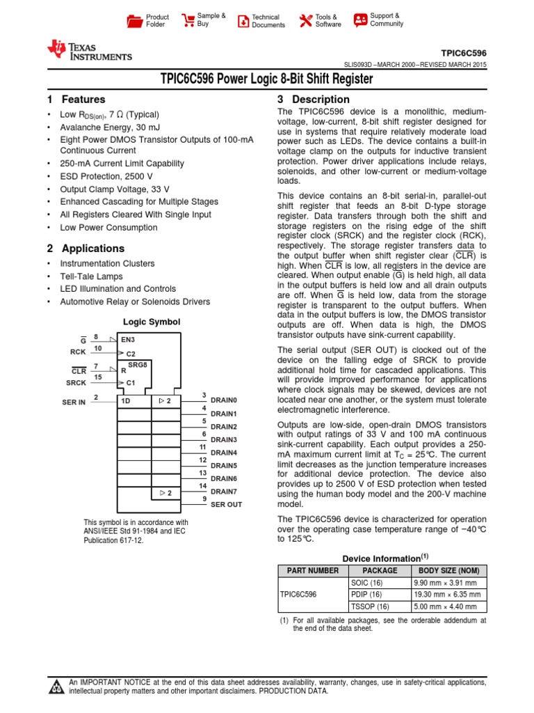 TPIC6C596 Power Logic 8-Bit Shift Register: 1 Features 3 Description ...