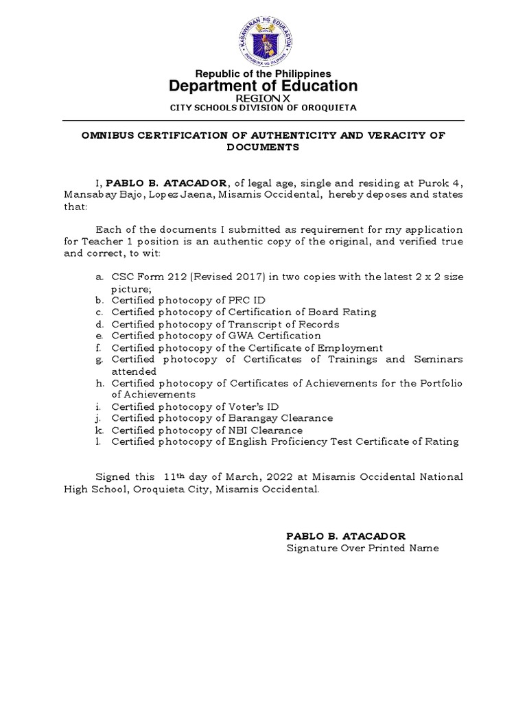 Omnibus Certification | PDF