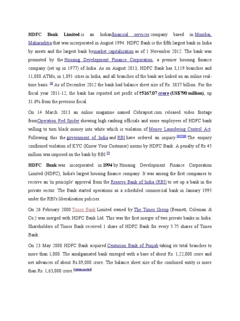 Company Profile HDFC Bank | PDF | Reserve Bank Of India | Banks