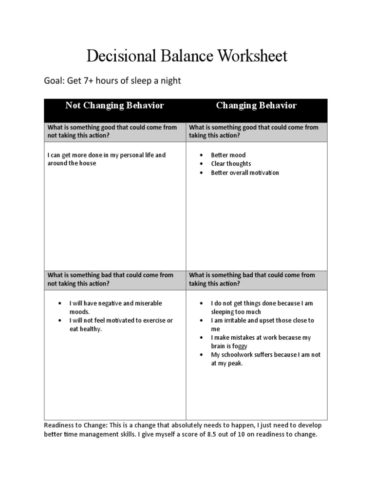 Decisional Balance Worksheet | PDF
