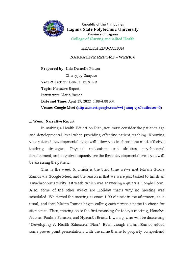 Laguna State Polytechnic University: Narrative Report - Week 6 Prepared ...