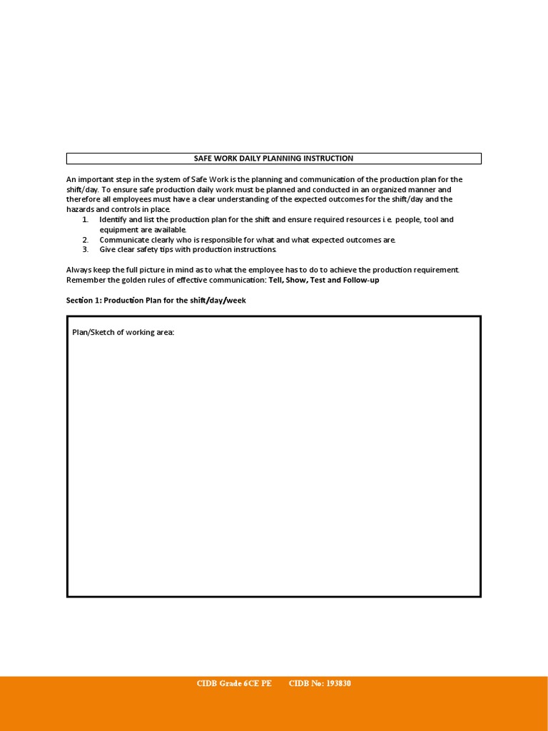 Safe Work Daily Planning Instruction: Cidb Grade 6ce Pe Cidb No: 193830 ...
