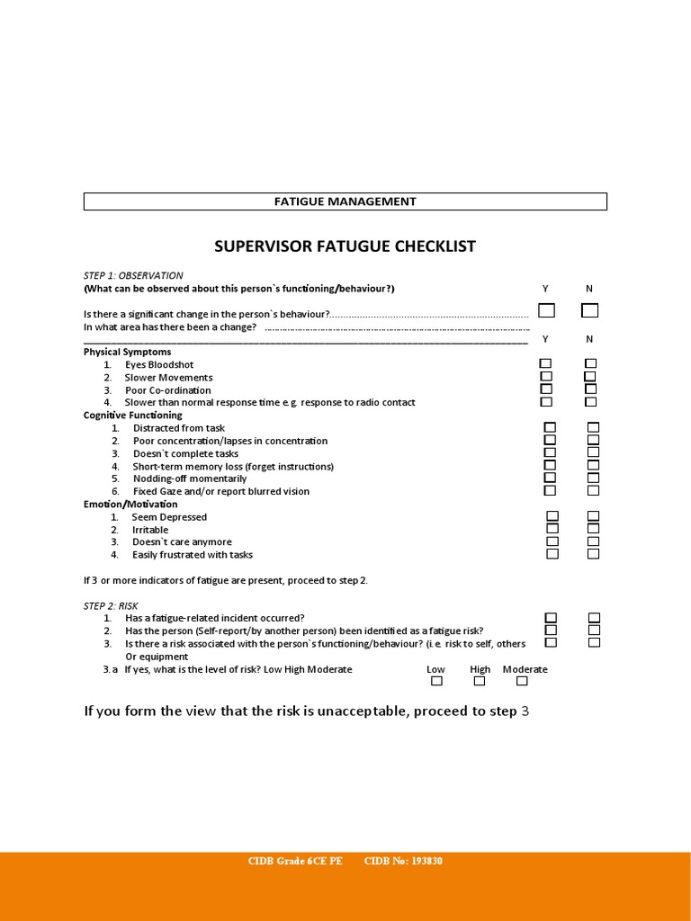 Supervisor Fatugue Checklist: Fatigue Management | PDF | Psychology ...