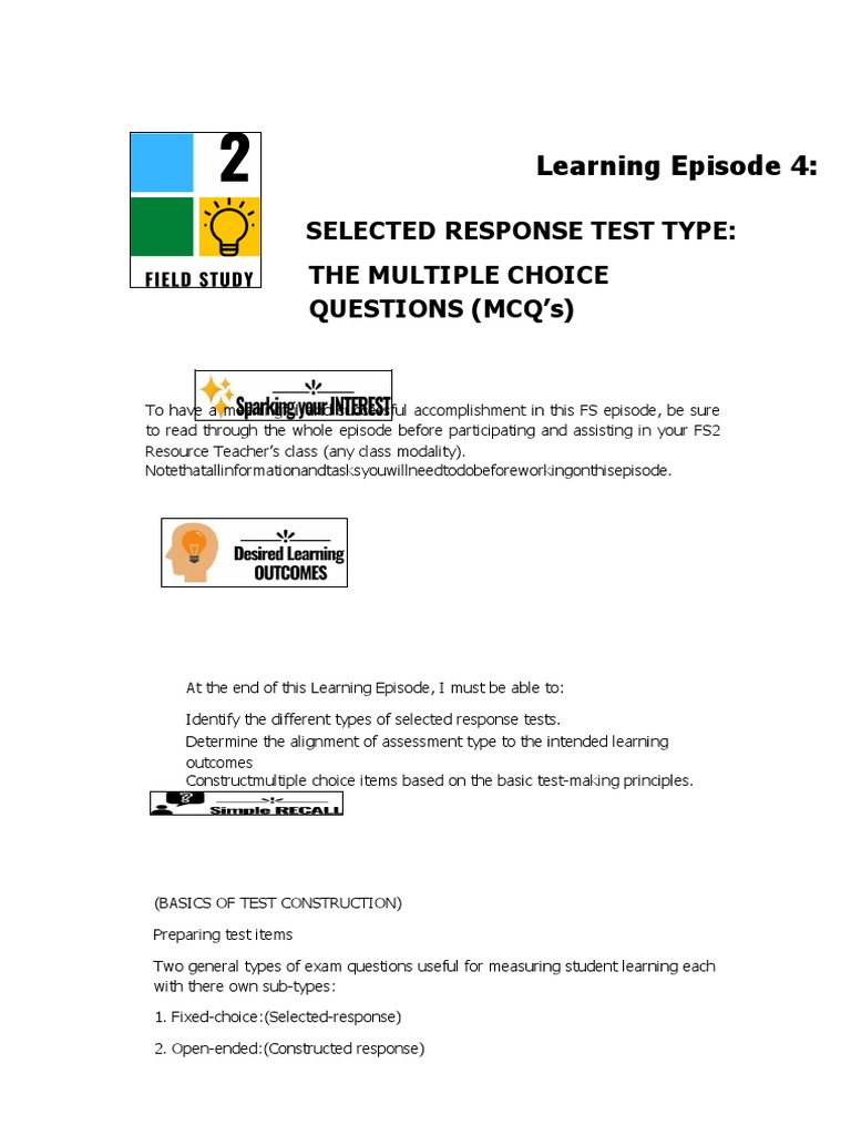 Learning Episode 4:: Selected Response Test Type: The Multiple Choice ...
