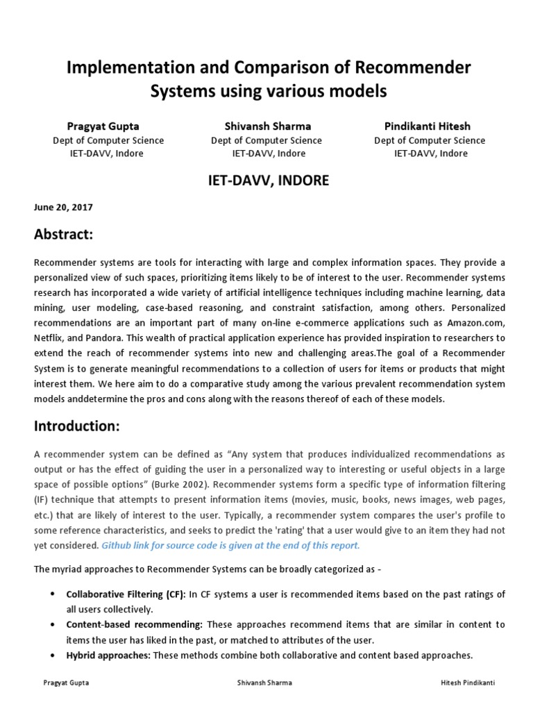 Implementation and Comparison of Recommender Systems Using Various Models | PDF | Apache Hadoop ...