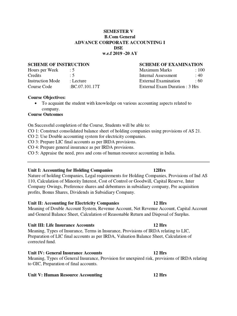 Advance Corporate Accounting Syllabus I | PDF | Insurance | Accounting