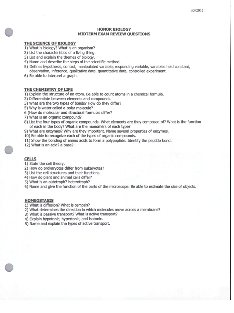Honor Biology Midterm Exam Review Questions The Science of Biology ...