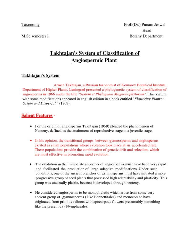 Takhtajan's influential classification system for flowering plants ...