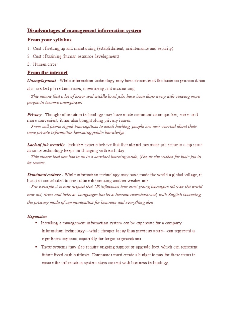 Disadvantages of Management Information Systems | PDF | Job Security ...