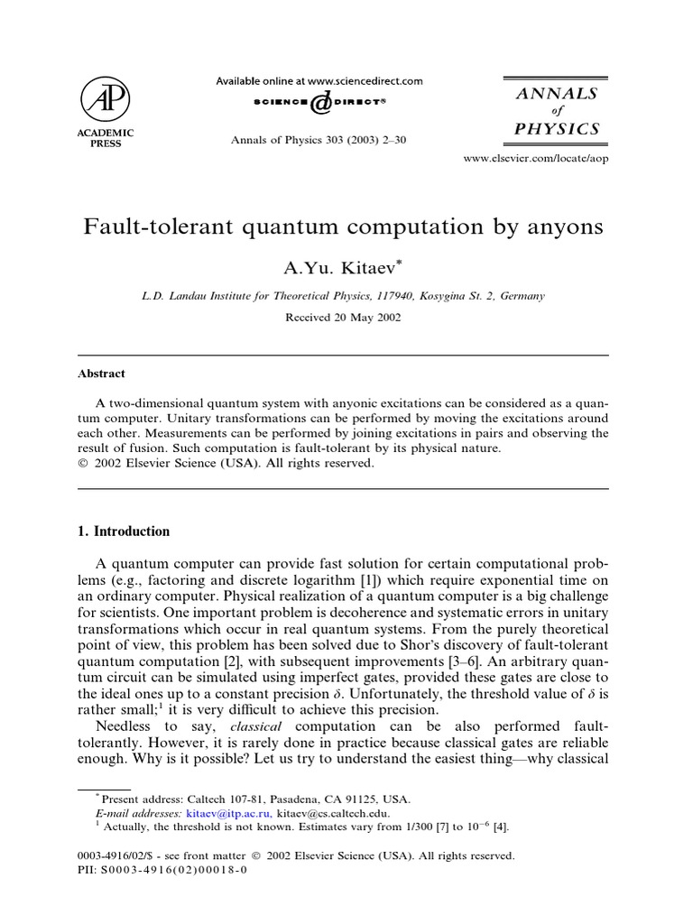 Fault-Tolerant Quantum Computation by Anyons: A.Yu. Kitaev | PDF | Gauge Theory | Perturbation ...