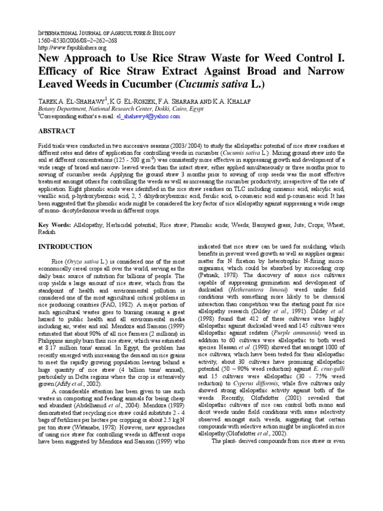 New Approach To Use Rice Straw Waste For Weed Control I. Efficacy of ...