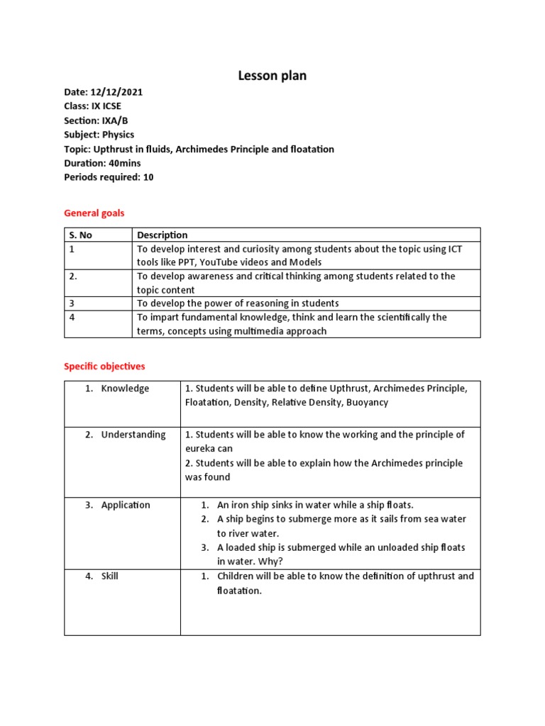 Lesson Plan Class 9 | PDF | Buoyancy | Density