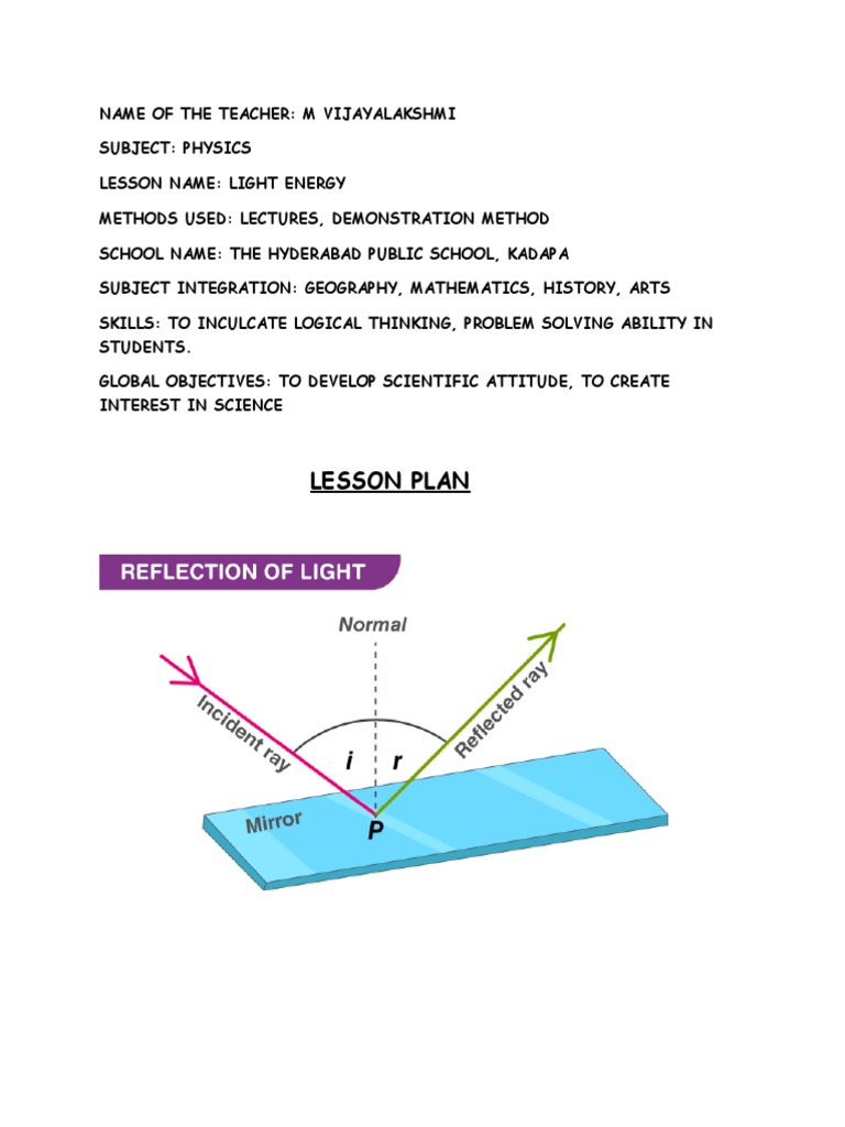 Light Lesson Plan | PDF | Mirror | Reflection (Physics)