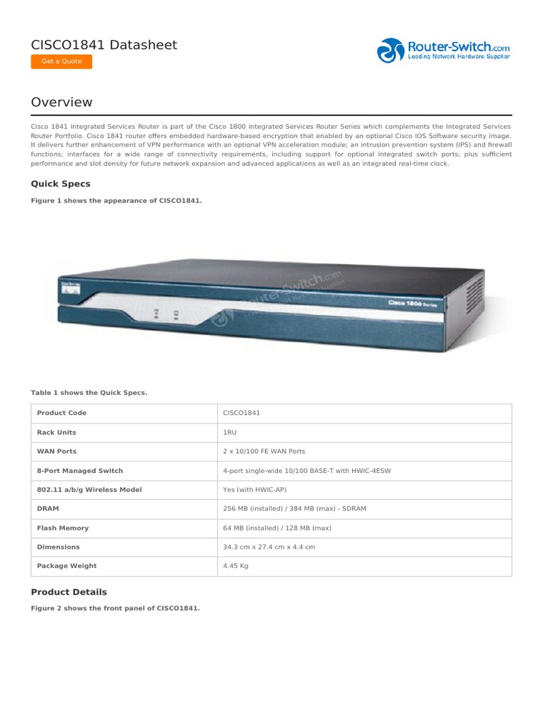 CISCO1841 Datasheet: Quick Specs | PDF | Router (Computing) | Computer ...