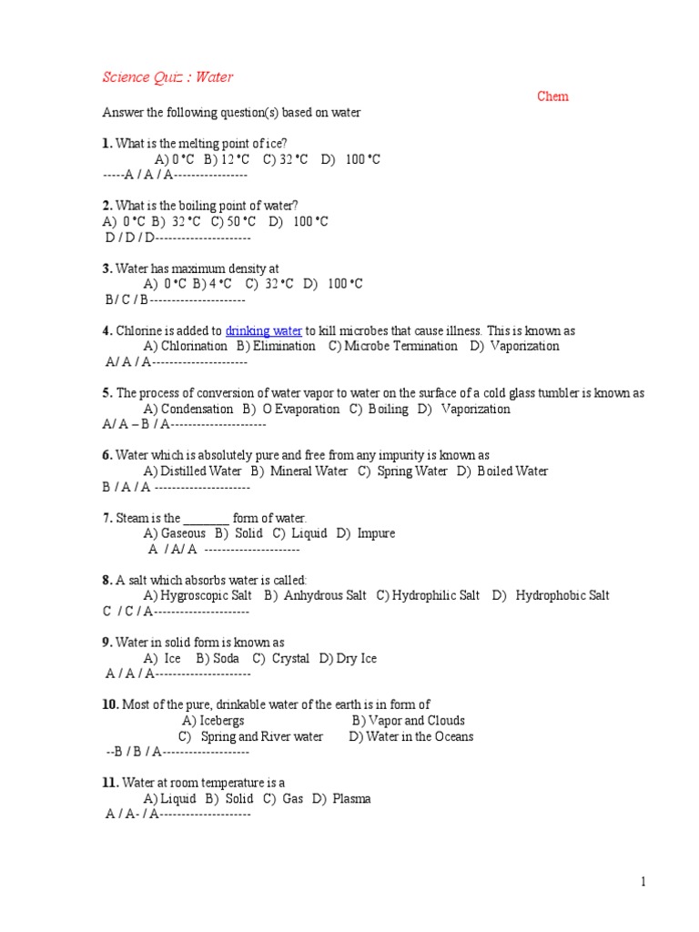 Science Quiz: Water | PDF | Water | Physical Chemistry
