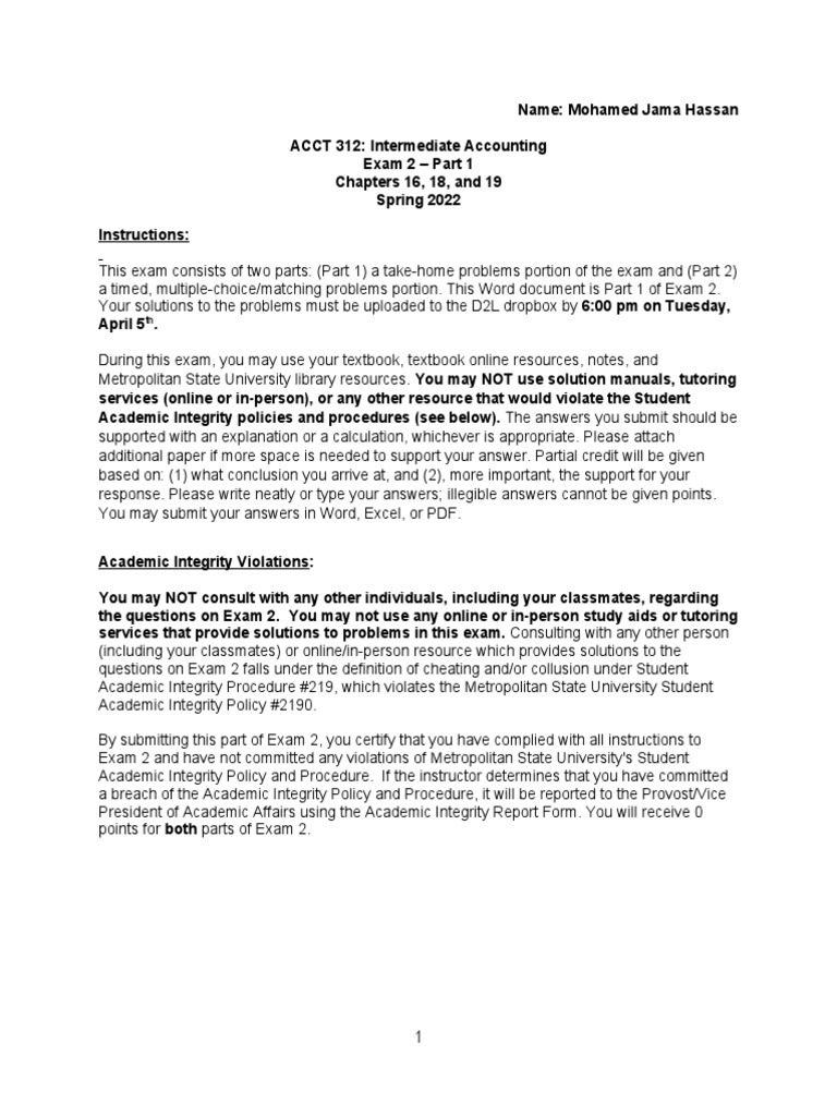 ACCT 312 Exam 2 Part 1 Instructions | PDF | Debits And Credits | Expense