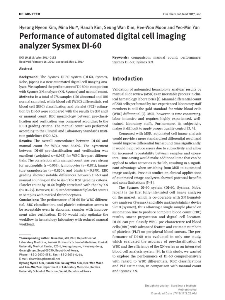 Performance of Automated Digital Cell Imaging Analyzer Sysmex DI-60 ...