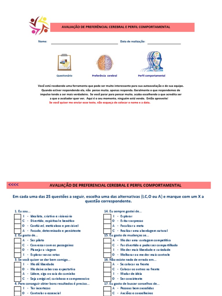 Teste Perfil Comportamental e Preferencia Cerebral em Excel | PDF ...