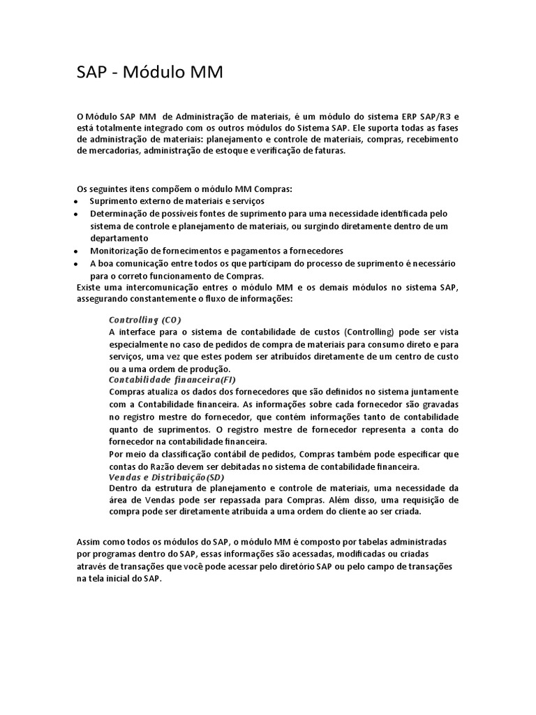 Módulo SAP MM | PDF | Contabilidade | Planejamento de recursos empresariais