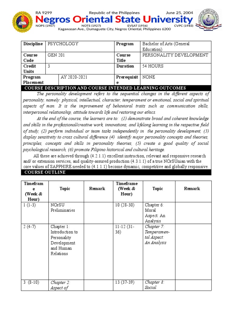 Course Outline Gen 201 Personal Development | PDF | Learning | Psychology
