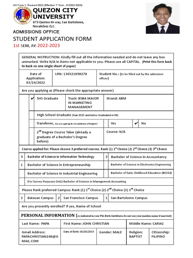 QCU Admission Application Form | PDF | Bachelor's Degree | University And College Admission