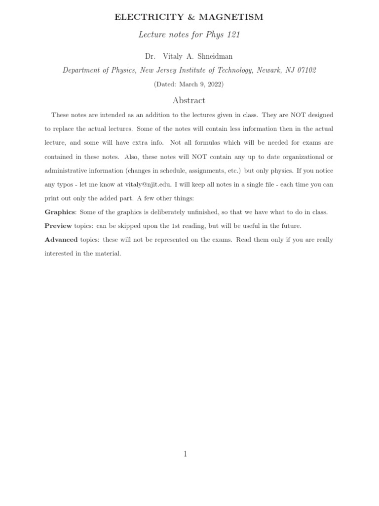 Electricity and Magnetism Lecture Notes | PDF | Euclidean Vector | Force