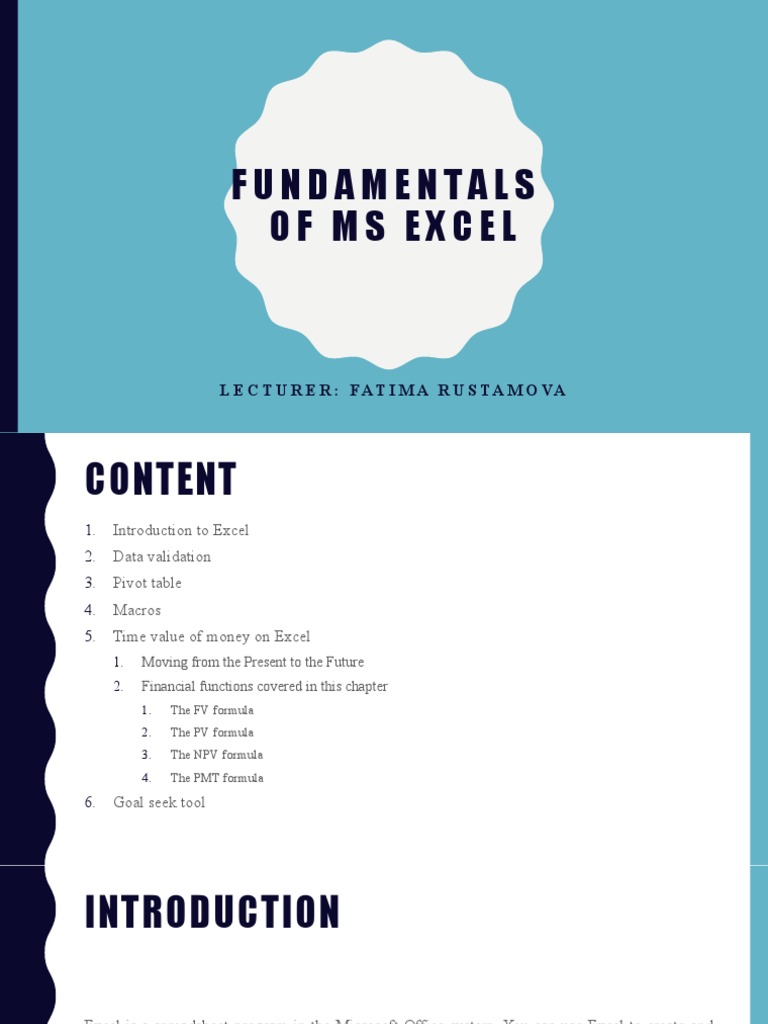 Fundamentals of Ms Excel: Lecturer: Fatima Rustamova | PDF | Present ...