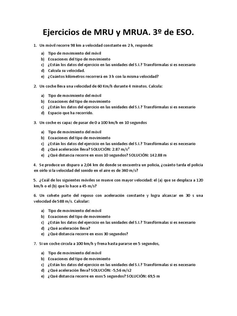 Ejercicios de MRU y MRUA | PDF | Velocidad | Aceleración