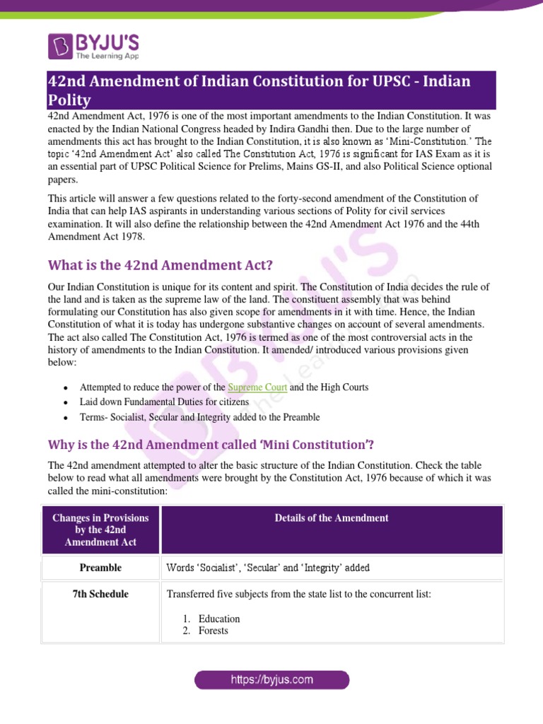 42nd Amendment Act UPSC Notes | PDF | Sources Of Law | Constitutional Law