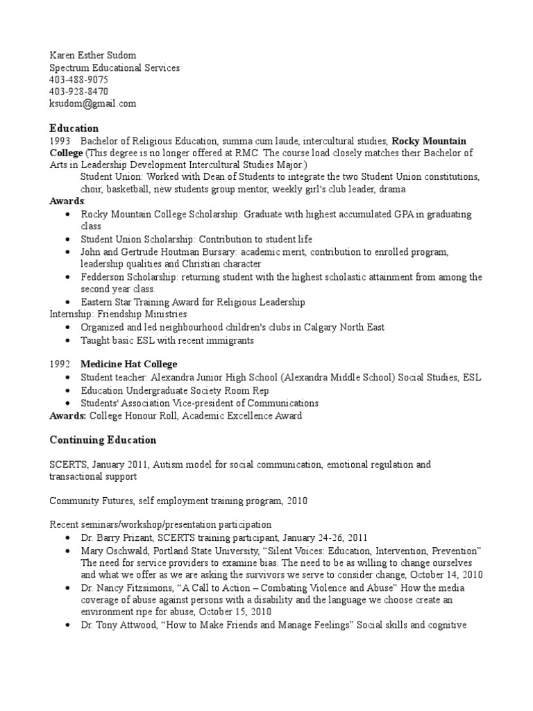 Autism Specialist CV | Autism Spectrum | Behavior Modification