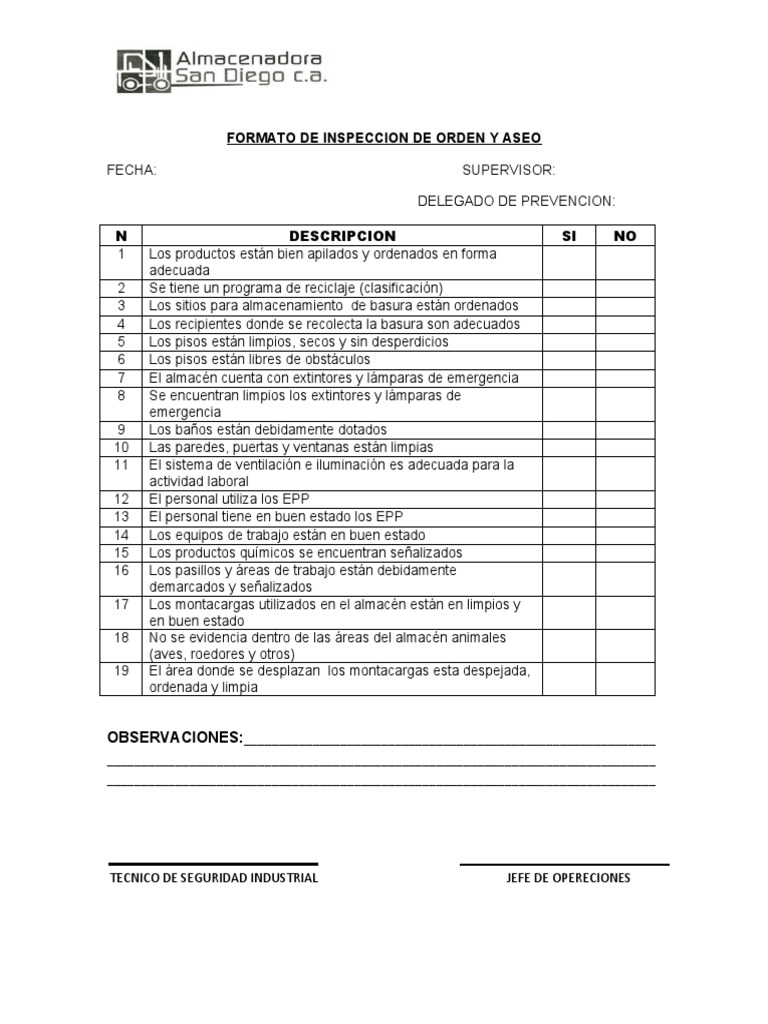 Formato de Inspeccion de Orden y Aseo | PDF