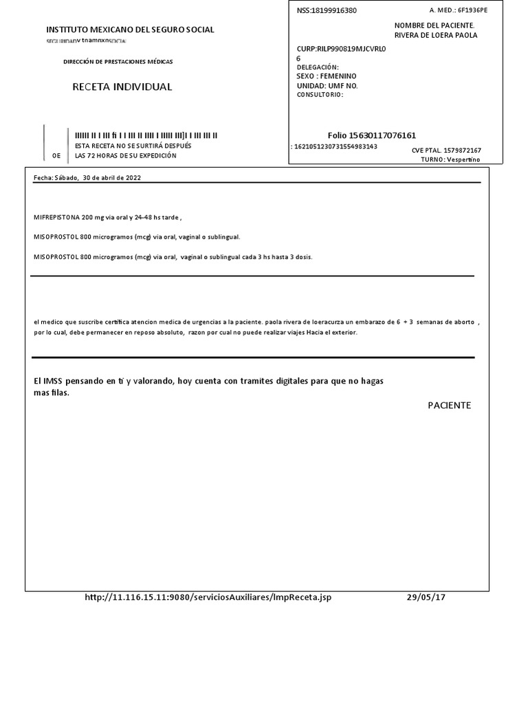 Receta IMSS: Misoprostol y Mifepristona | PDF | Tratamientos médicos ...