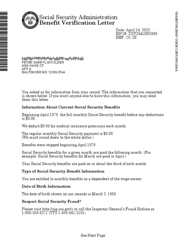 Benefit Verification Letter: Social Security Administration | PDF ...