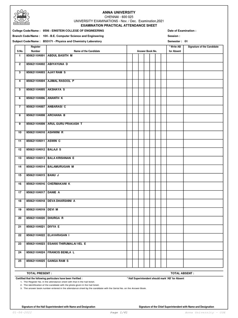 Examination Practical Attendance Sheet: CHENNAI - 600 025 UNIVERSITY EXAMINATIONS - Nov. / Dec ...